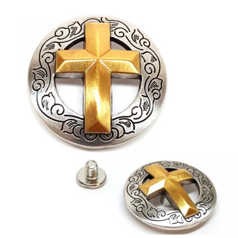 Western Silver Gold Cross Round Concho 2 Pack 1-1/8" With Screws - Hill ...